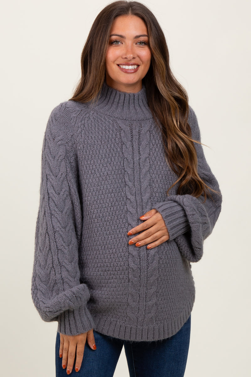 Charcoal Mixed Chunky Cable Knit Mock Neck Maternity Sweater– PinkBlush