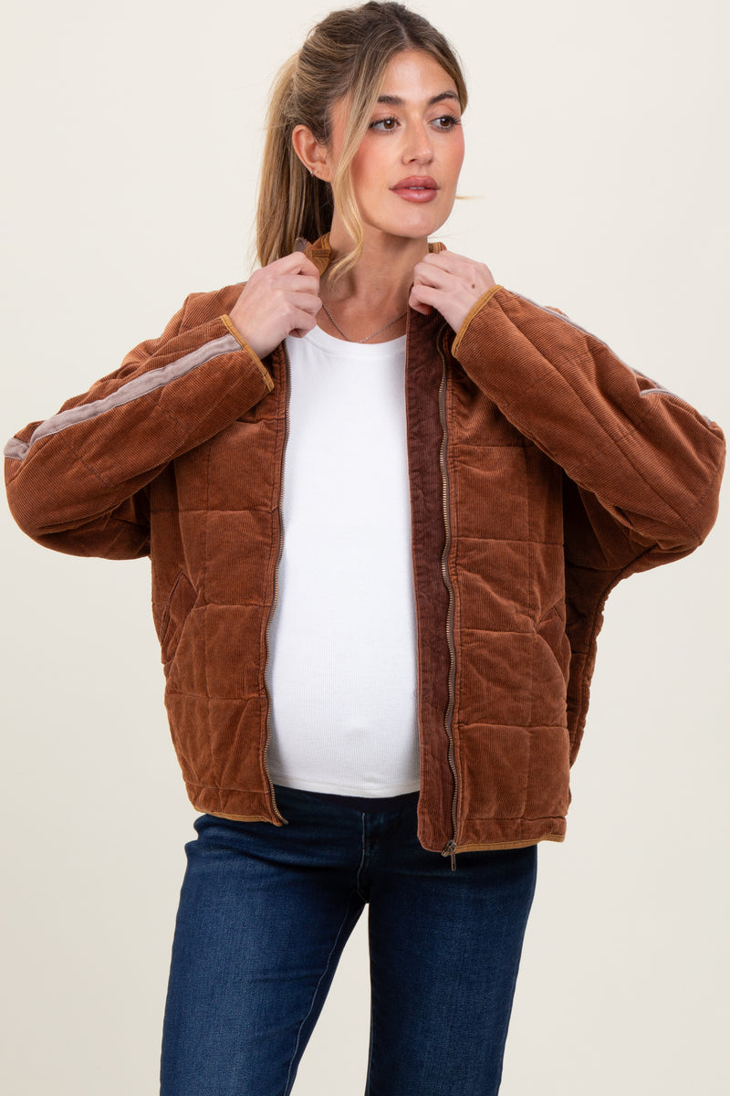 Brown Quilted Corduroy Maternity Puffer Jacket– PinkBlush