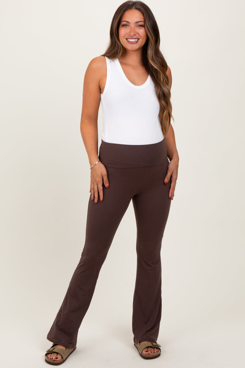 Brown Fold Over Waistband Maternity Flared Pants – PinkBlush