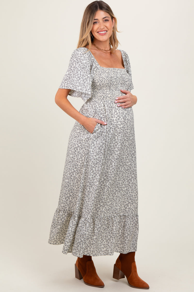 Cream Flowy Ditsy Floral Smocked Maternity Midi Dress – PinkBlush