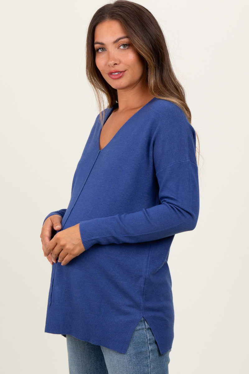 Light Navy Seam V-Neck Side Slit Maternity Sweater – PinkBlush