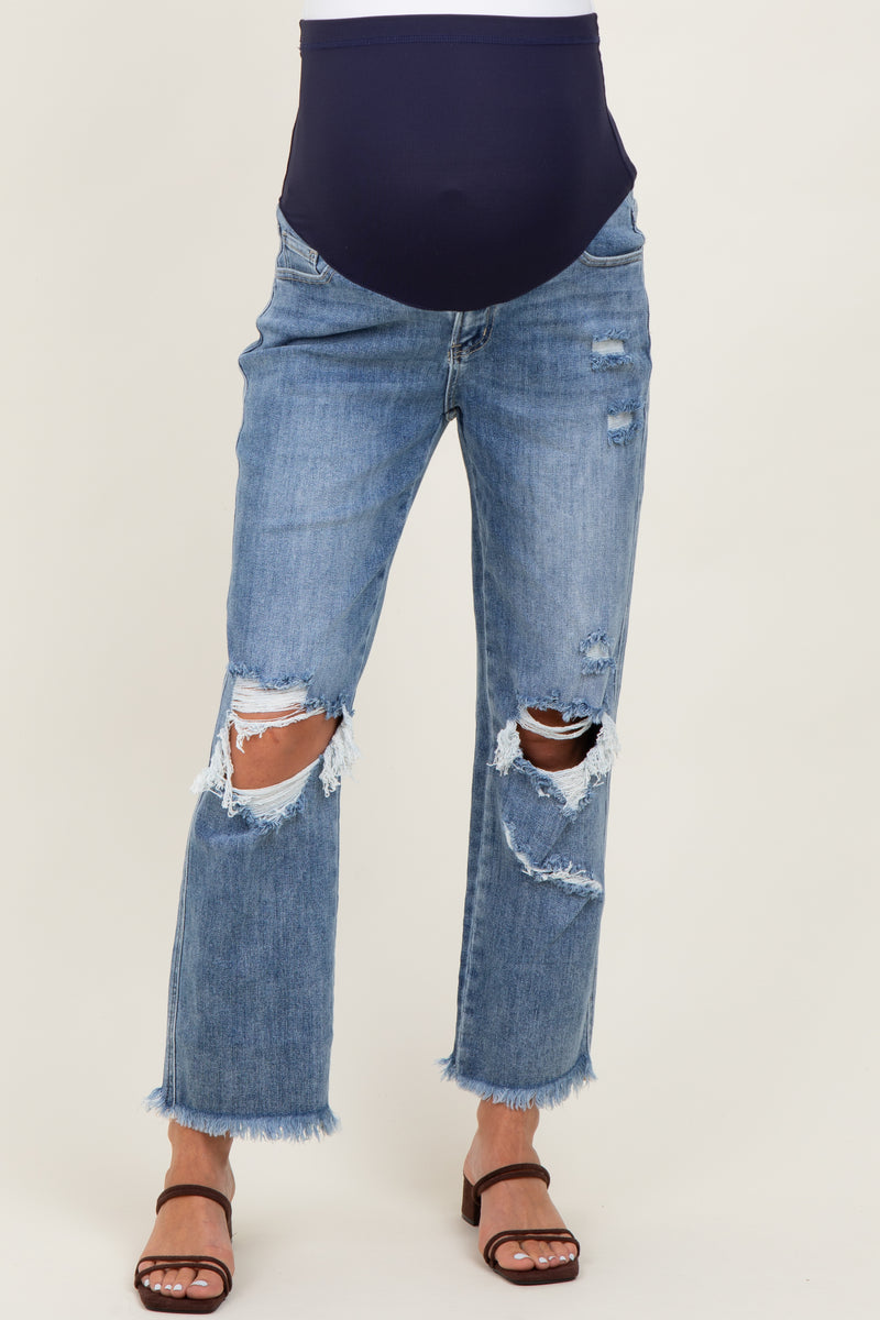 Blue Ripped Knee Fringe Hem Straight Leg Maternity Ankle Jeans – PinkBlush