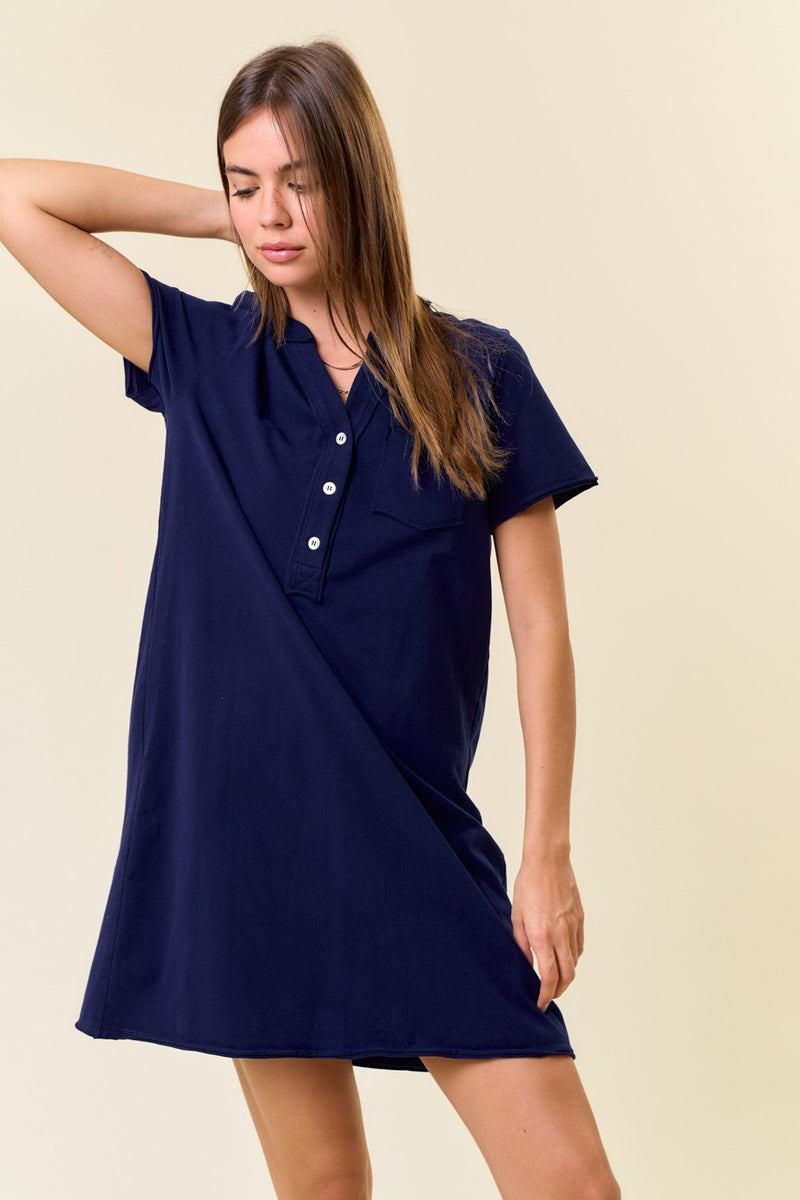 Navy Unfinished Seam Short Sleeve Mini Dress– PinkBlush