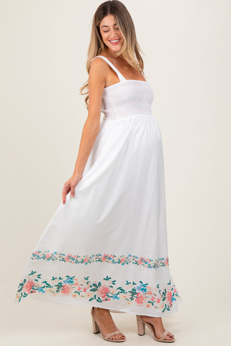 White Smocked Embroidered Floral Border Maternity Maxi Dress – PinkBlush