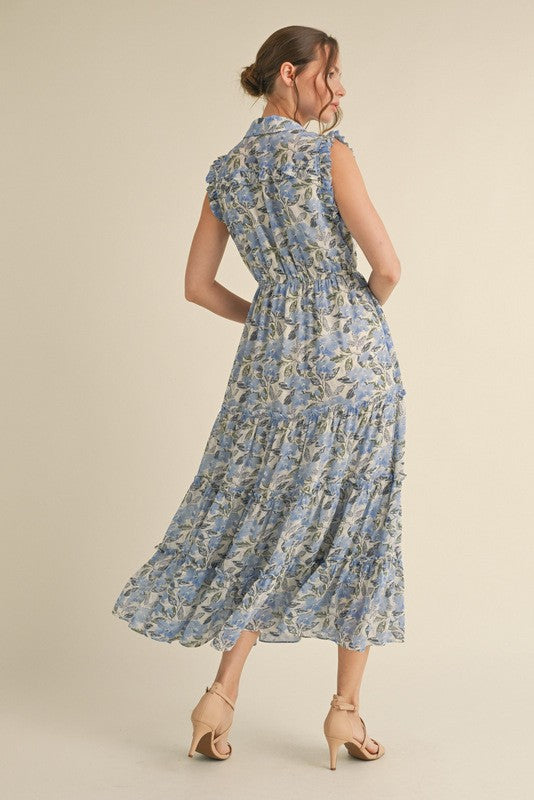 Blue Floral Print Chiffon Tiered Maxi Dress – PinkBlush