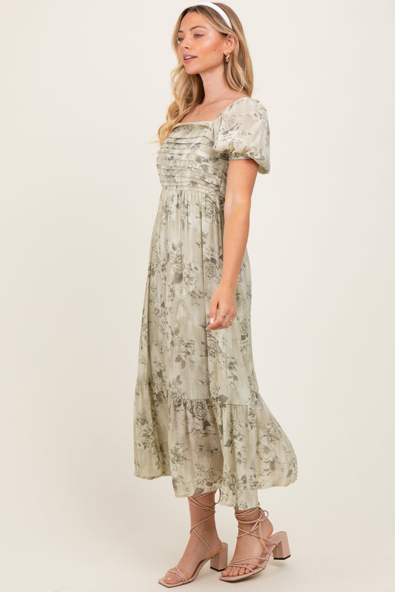 Olive Floral Pleated Bust Puff Sleeve Midi Dress – PinkBlush