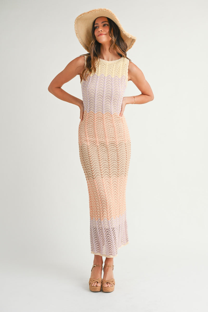 Peach Colorblock Crochet Knit Open Tie Back Maxi Dress– PinkBlush