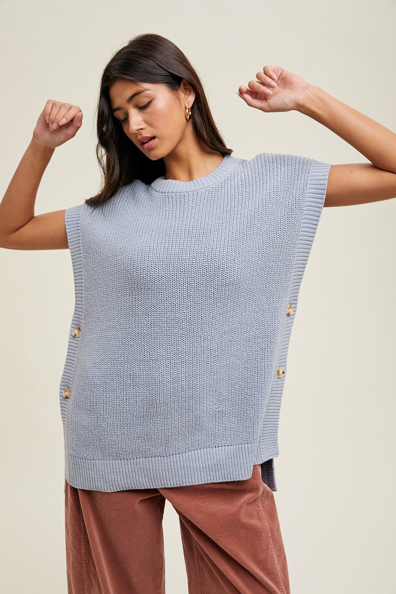 Blue Oversized Side Button Sweater Vest– PinkBlush