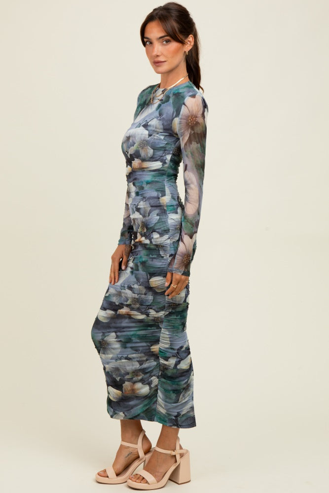 Blue Floral Mesh Overlay Ruched Midi Dress – PinkBlush