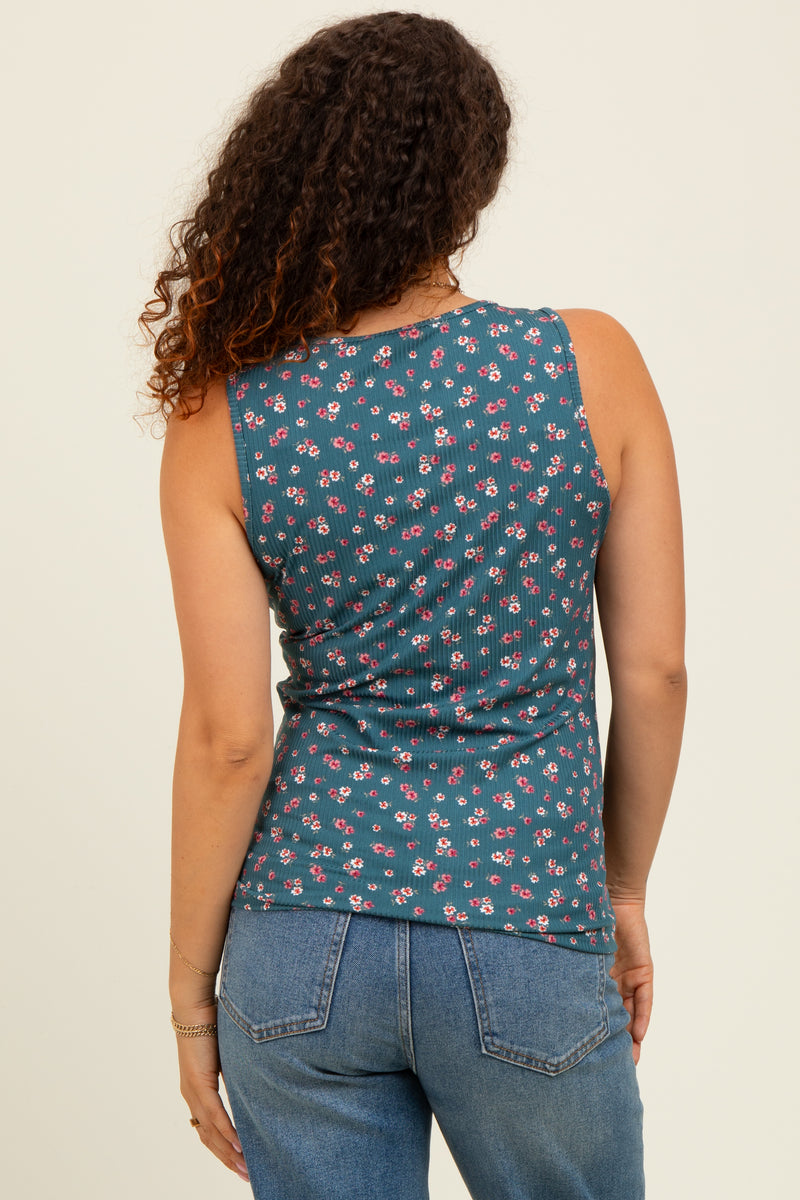 Teal Floral Ribbed Split Neck Maternity Tank Top – PinkBlush