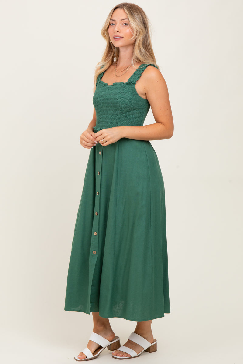 Green Smocked Sleeveless Button Down Midi Dress – PinkBlush
