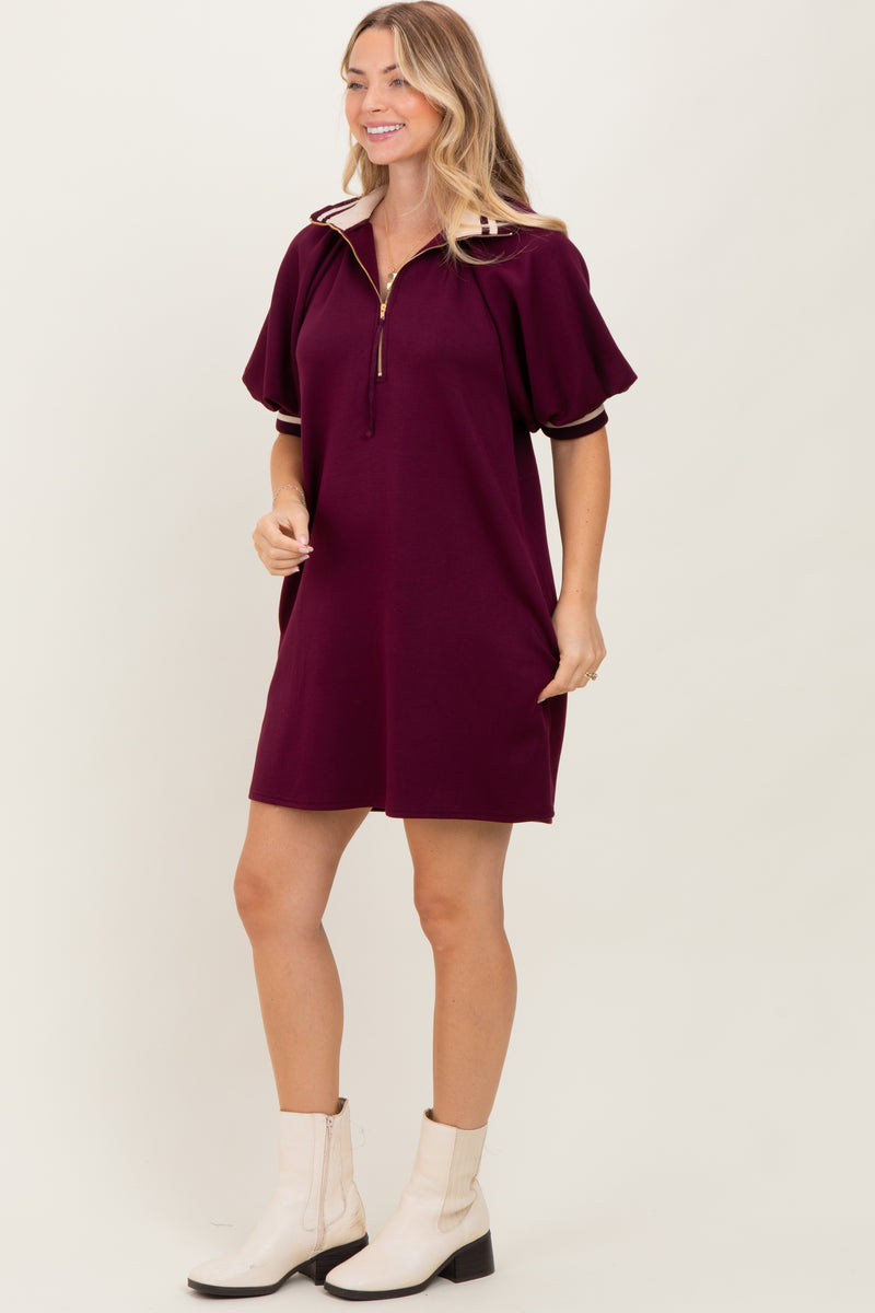 Plum Half Zip Puff Sleeve Mini Dress – PinkBlush