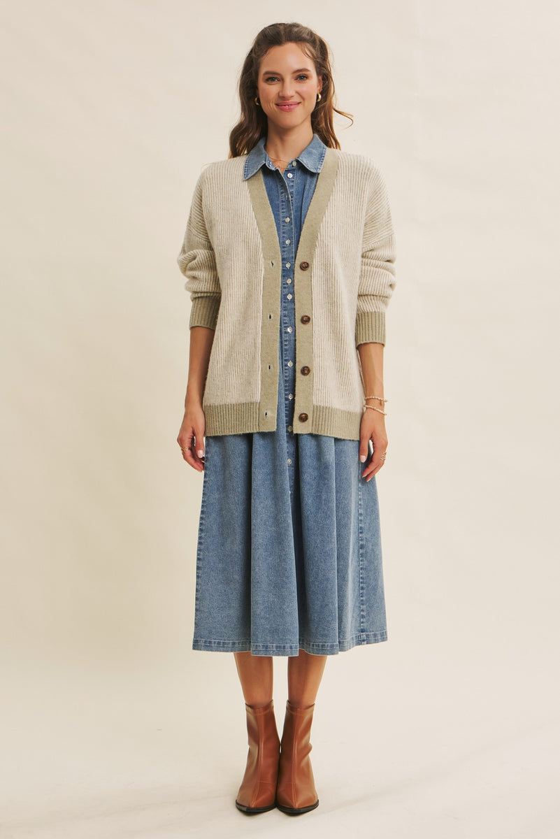 Light Olive Two-Tone Button-Down Cardigan – PinkBlush