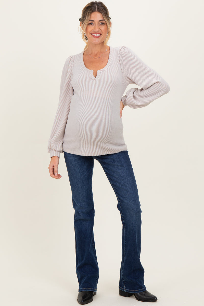 Beige Solid Ribbed Long Sleeve V-Neck Maternity Tunic Top – PinkBlush