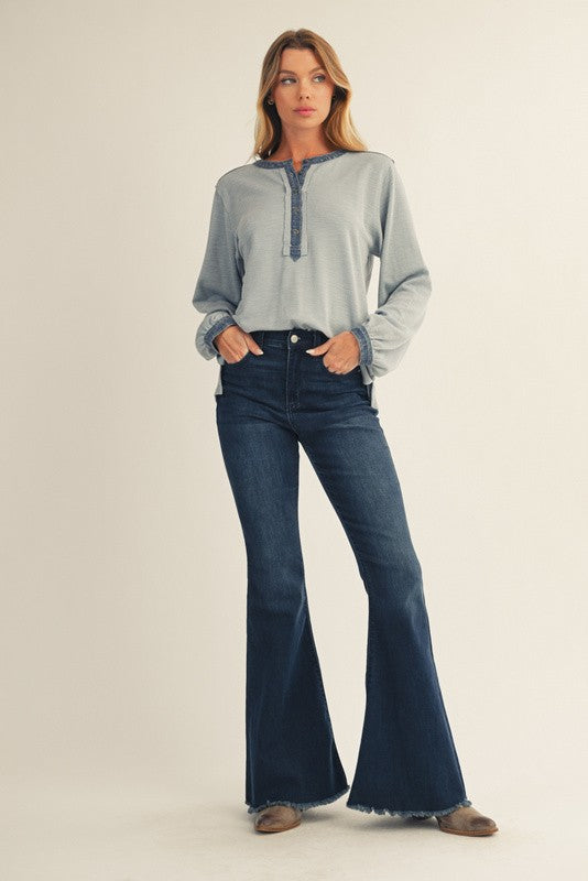 Light Blue Rib Knit Casual Henley Top – PinkBlush
