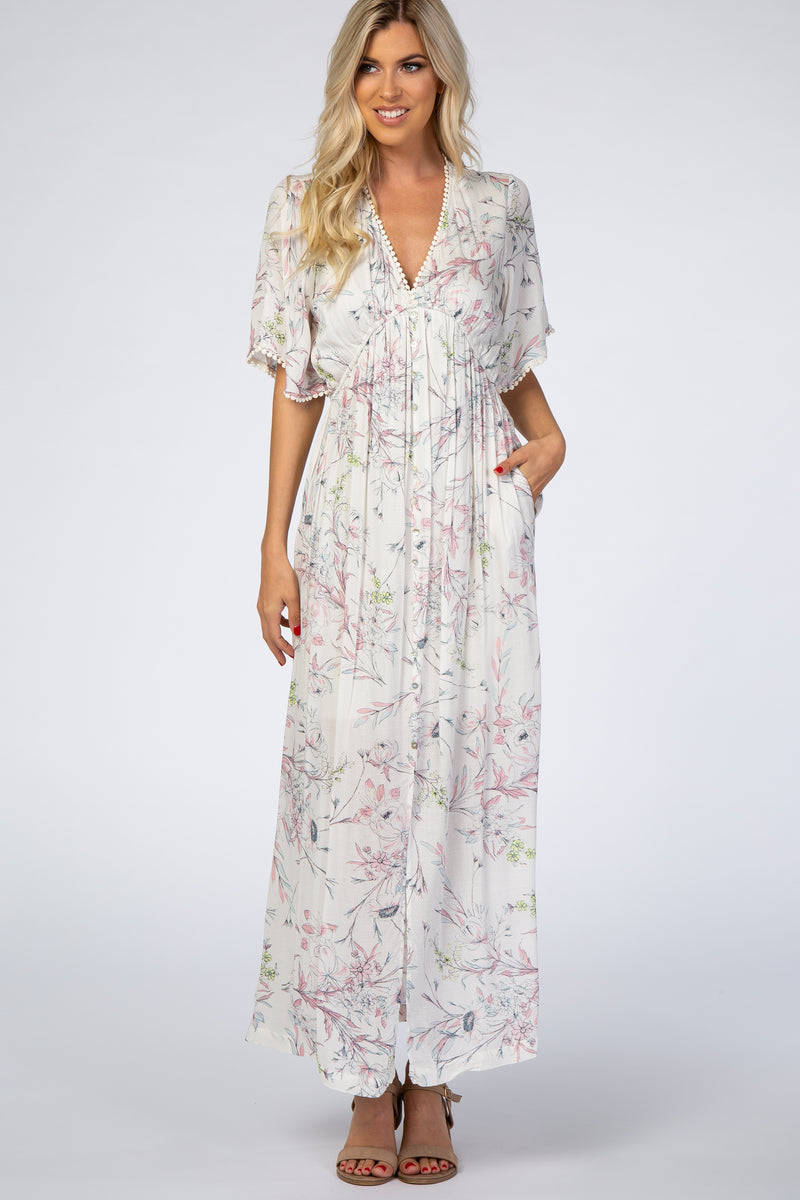 Ivory Floral Button Front Maxi Dress – PinkBlush