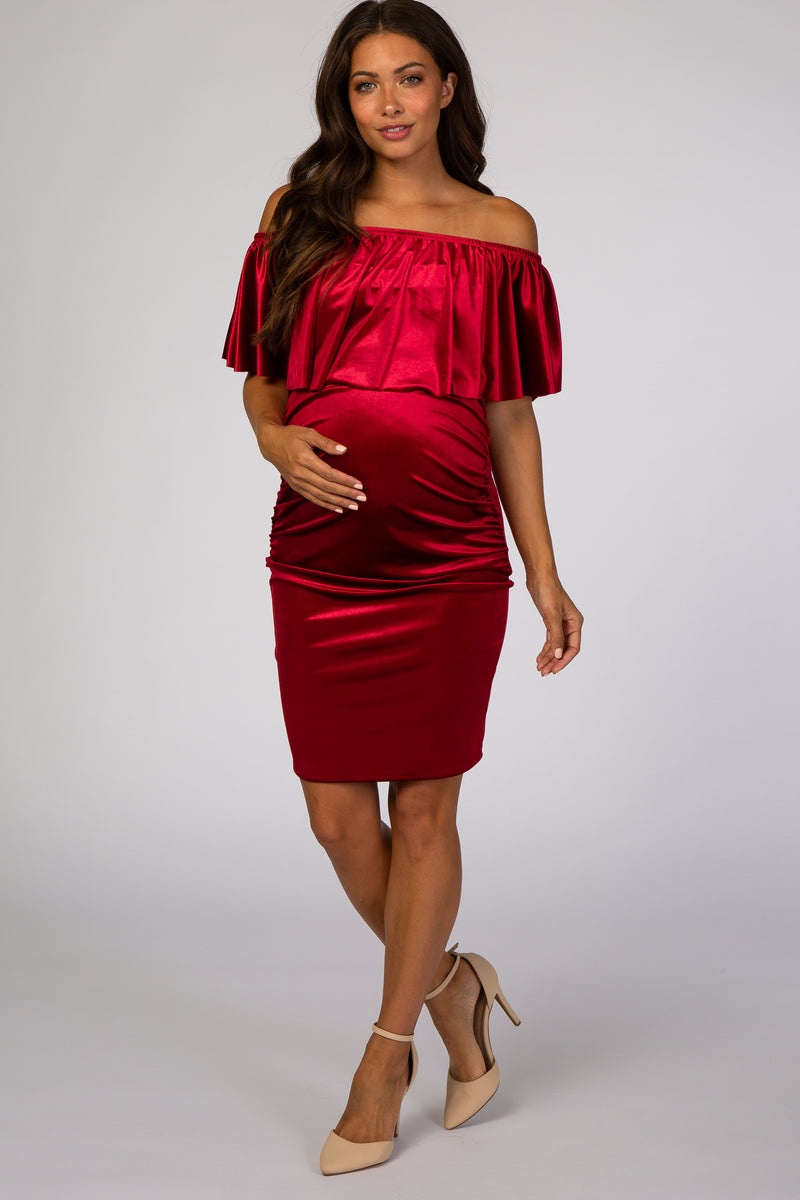 Red Velvet Off Shoulder Fitted Maternity Dress – PinkBlush