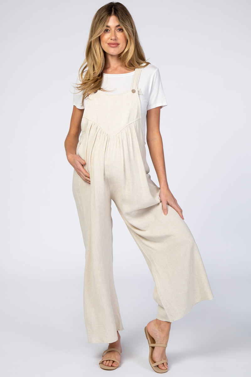 Beige Linen Maternity Overalls – PinkBlush