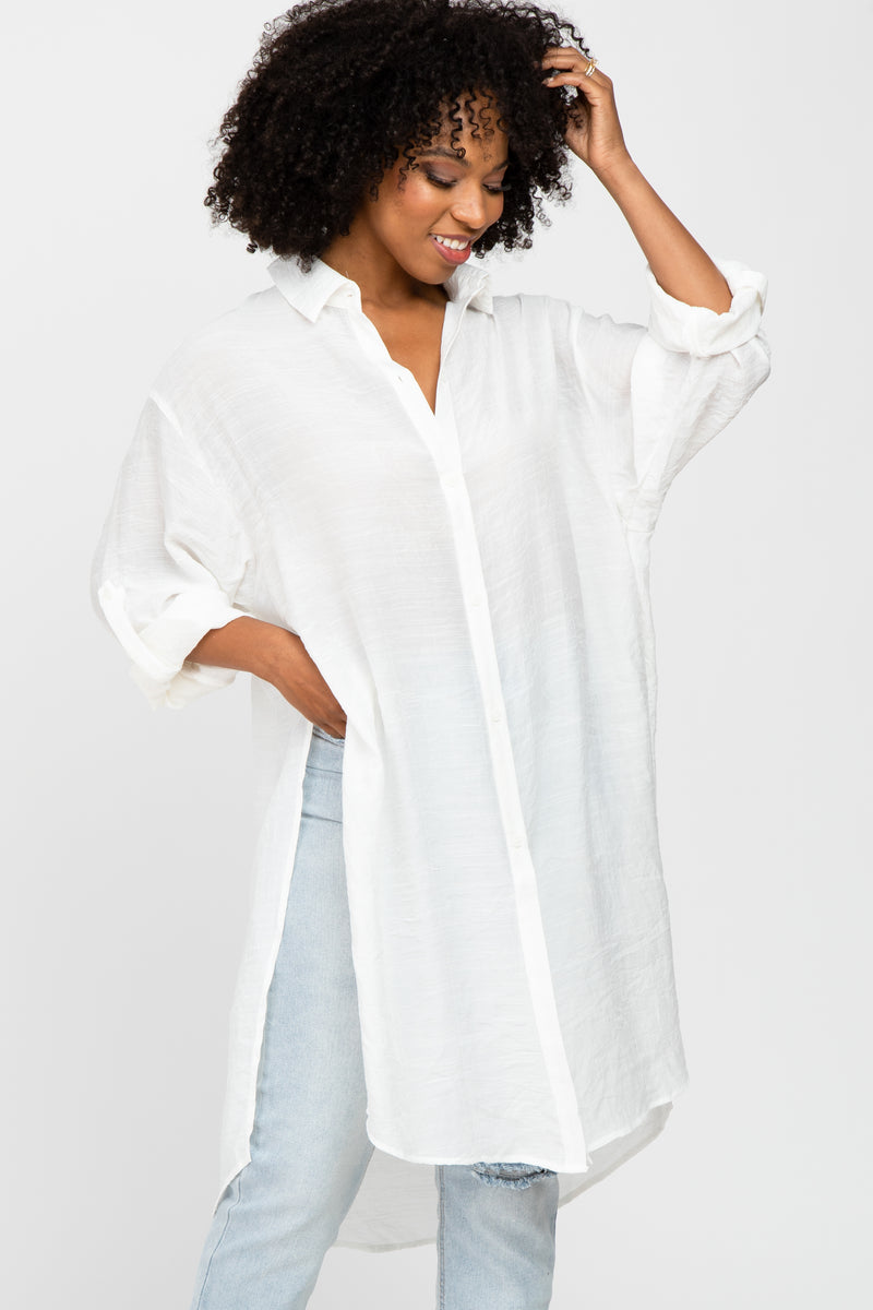 Ivory Button Front Side Slit Oversized Blouse– PinkBlush