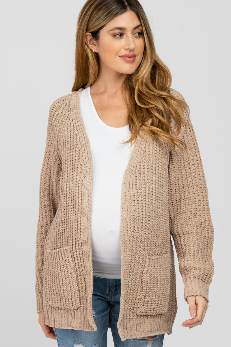 Taupe Ribbed Cable Knit Maternity Cardigan– PinkBlush