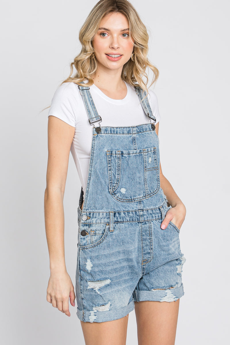 Blue Distressed Denim Short Overalls – PinkBlush