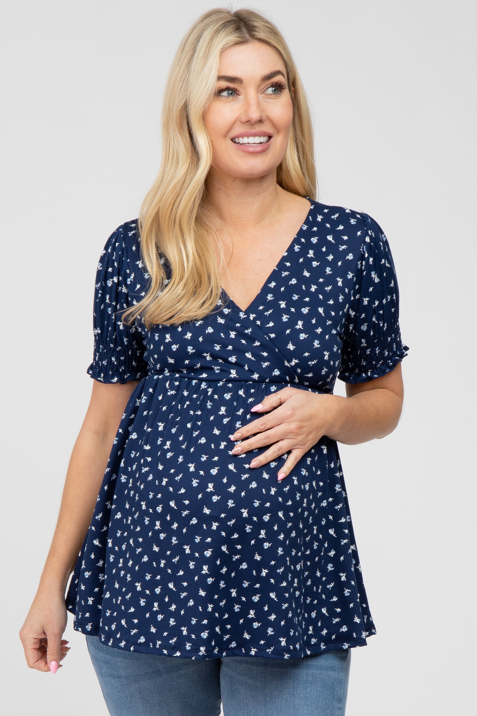 Navy Ditsy Floral Smocked Sleeve Maternity Wrap Top – PinkBlush