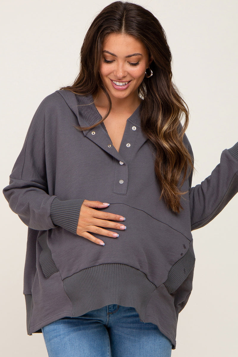 Charcoal Button Front Ribbed Trim Hooded Maternity Sweatshirt – PinkBlush