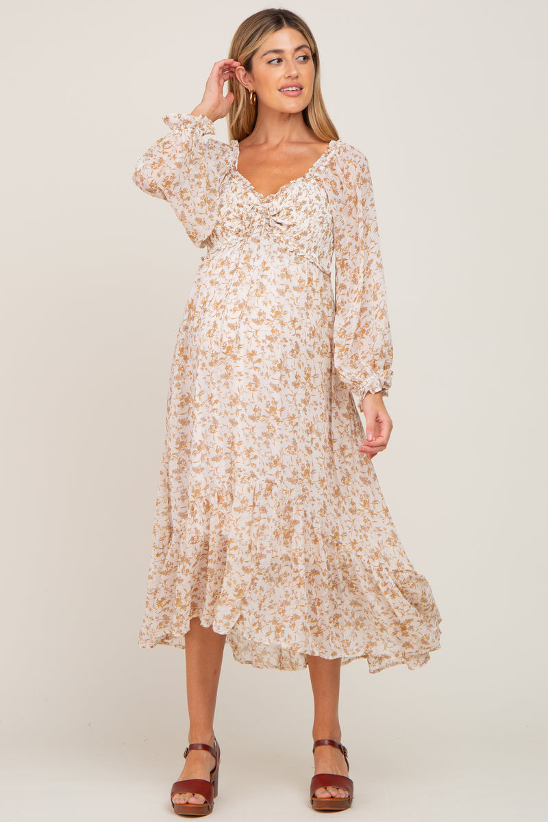 Ivory Floral Chiffon Ruffle Maternity Maxi Dress – PinkBlush