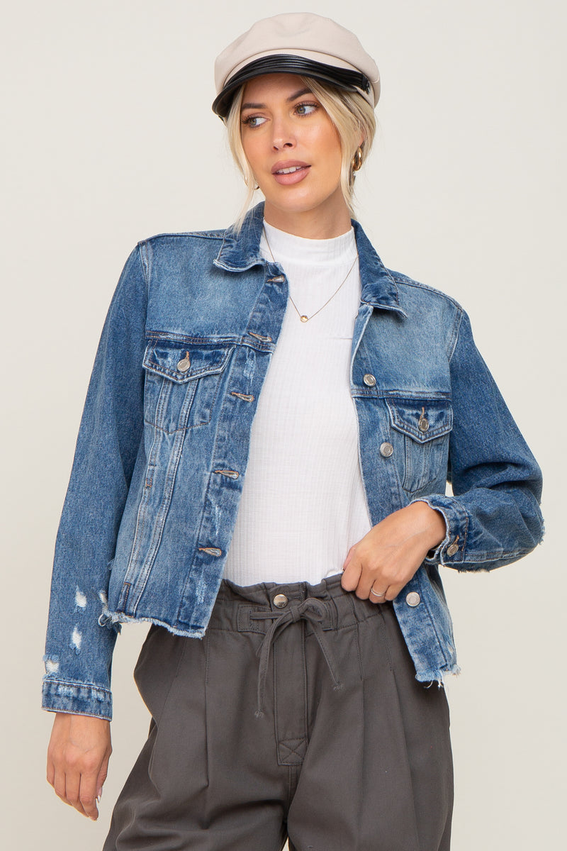 Navy Blue Distressed Cropped Denim Jacket – PinkBlush