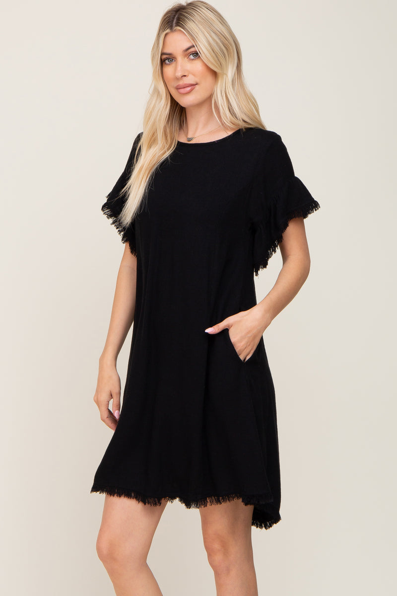 Black Frayed Trim Back Keyhole Linen Dress – PinkBlush