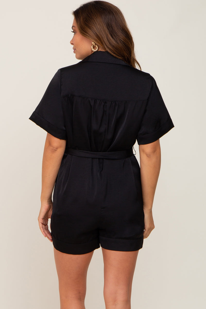 Black Satin Button Down Maternity Romper – PinkBlush