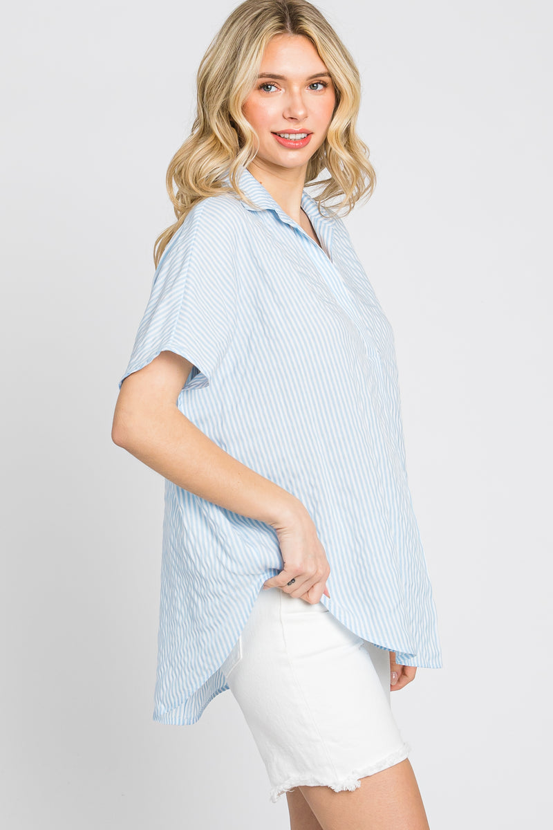 Light Blue Collared Short Sleeve Top – PinkBlush