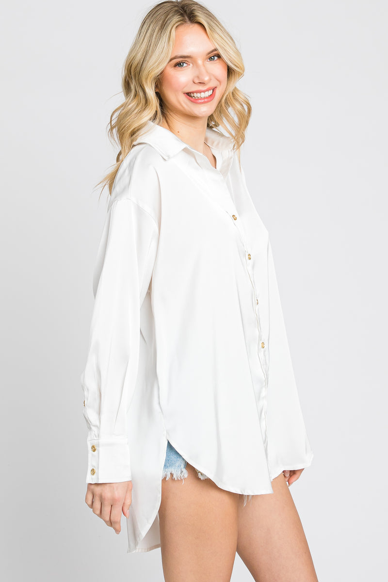 White Satin Button Up Blouse – PinkBlush