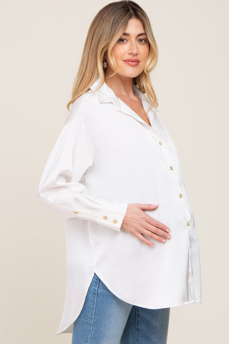 White Satin Button Up Maternity Blouse – PinkBlush