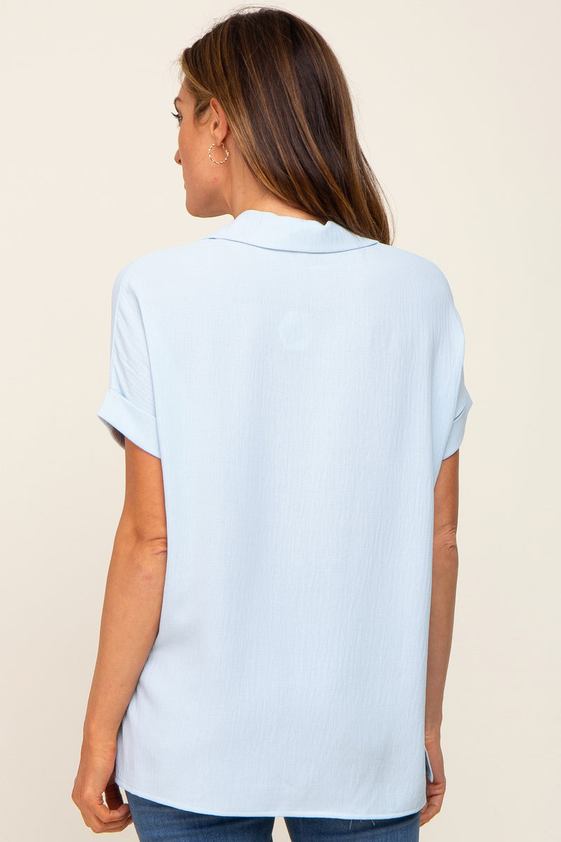 Light Blue Collared Button-Down Short Sleeve Blouse – PinkBlush