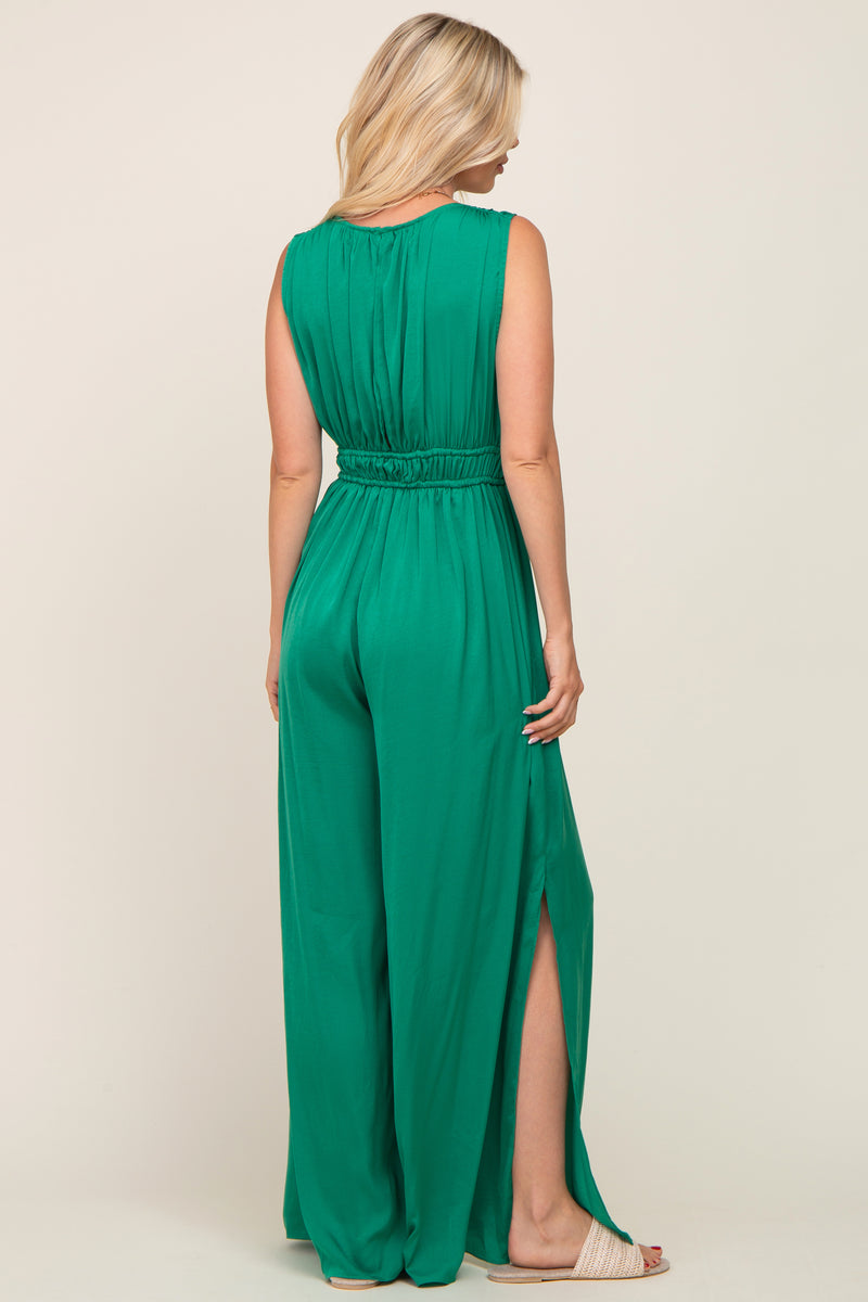 Green Satin V-Neck Side Slit Jumpsuit – PinkBlush