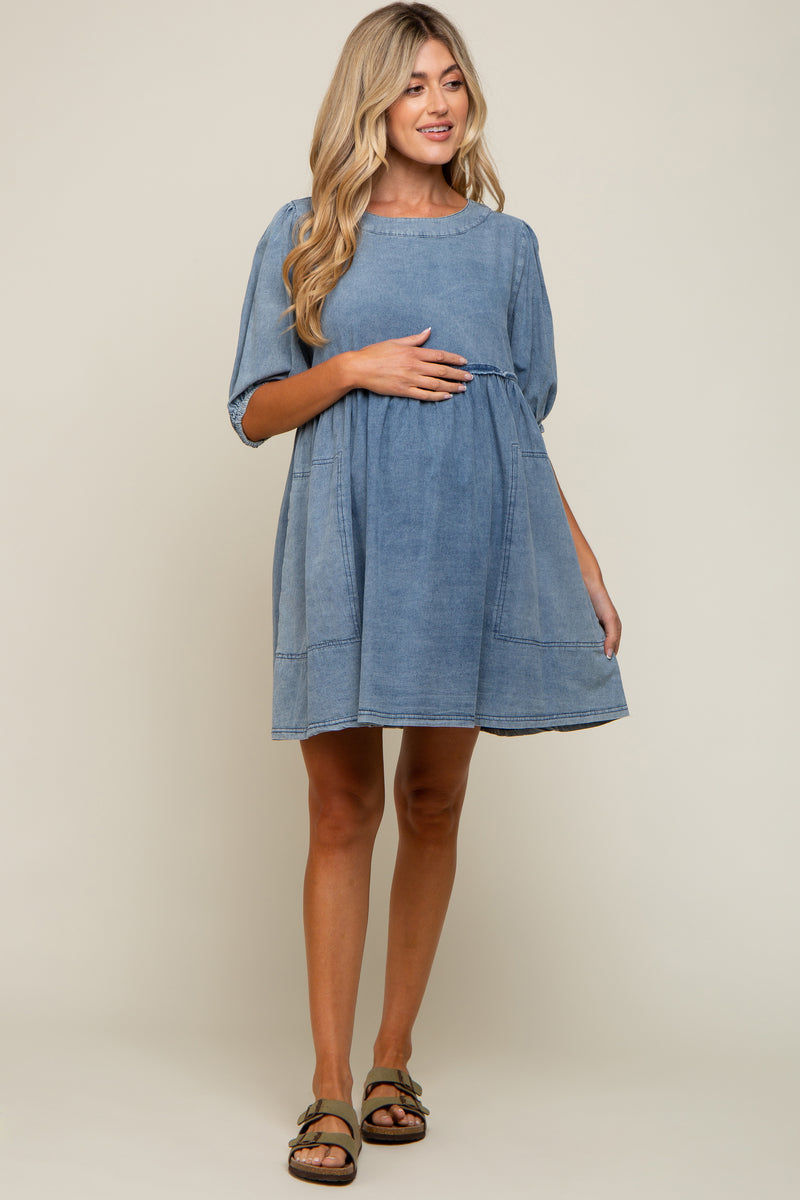 Blue Faded Denim Chambray Maternity Mini Dress – PinkBlush