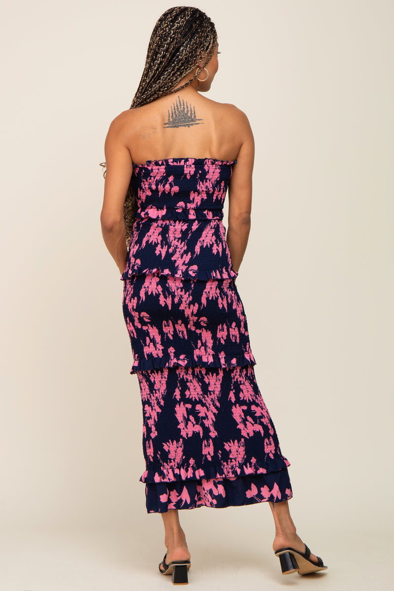 Navy Blue Floral Smocked Drawstring Front Cutout Ruffle Trim Midi Dres ...