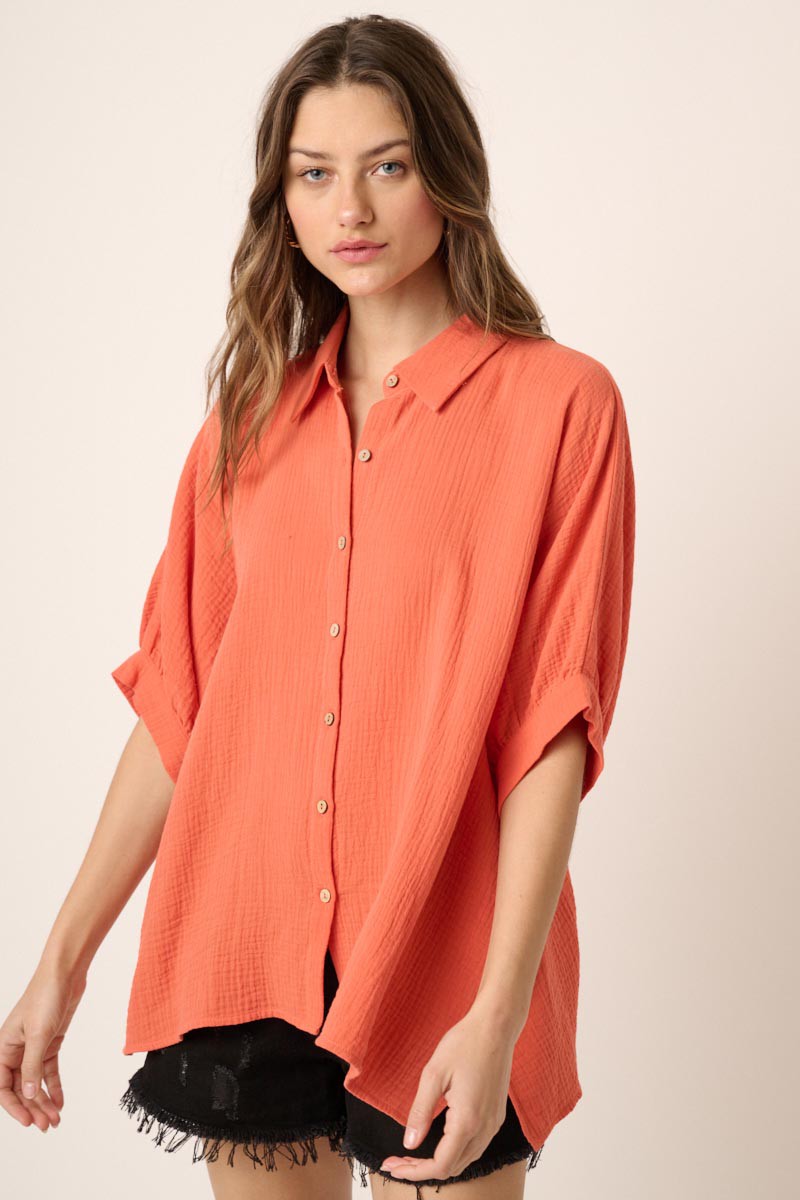Orange Button Down Collared Top– PinkBlush