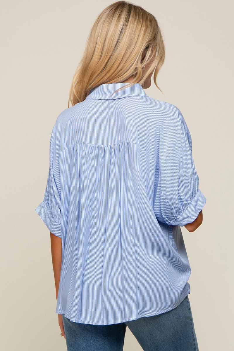 Blue Striped Button Front Collared Short Sleeve Maternity Top – PinkBlush