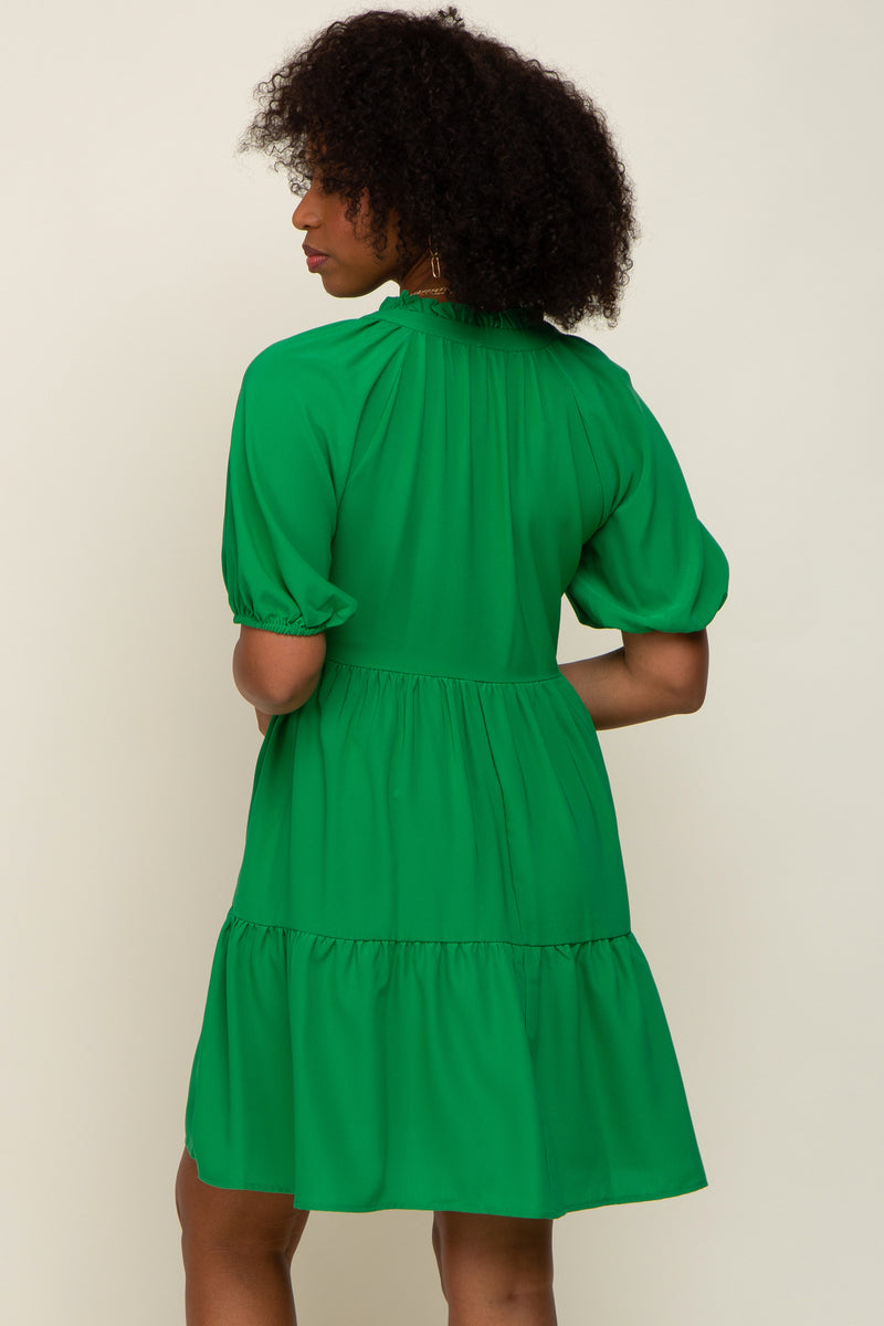 Green Satin Ruffle V-Neck Short Sleeve Dress – PinkBlush