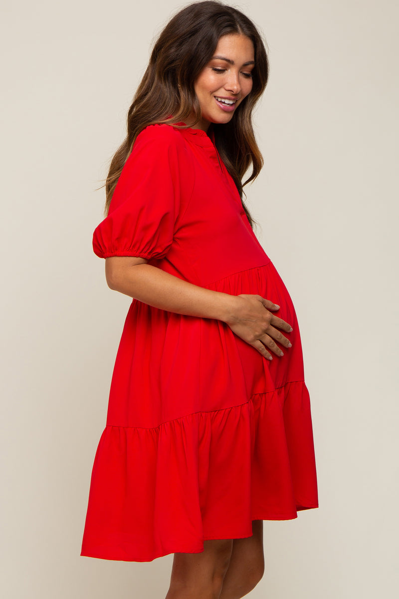Red Satin Ruffle V-Neck Short Sleeve Maternity Dress – PinkBlush