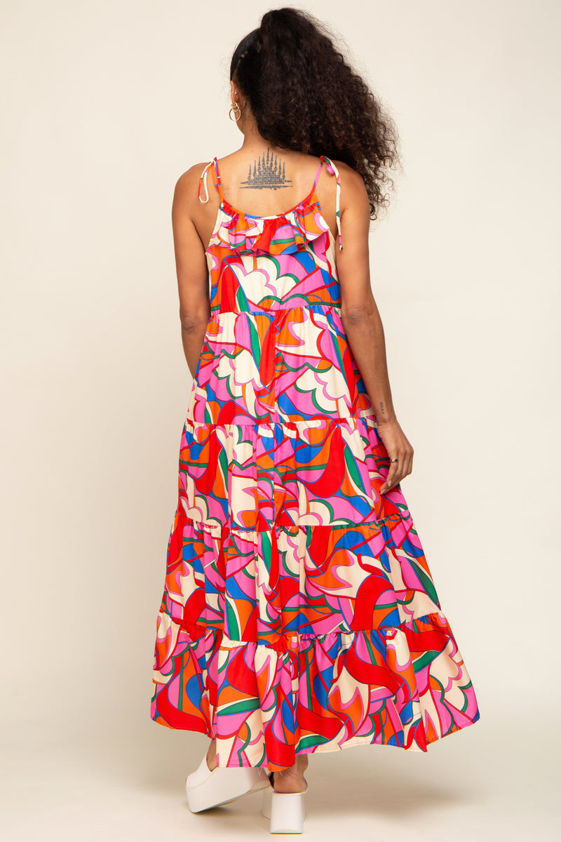 Coral Multi-Color Printed Tiered Dress – PinkBlush
