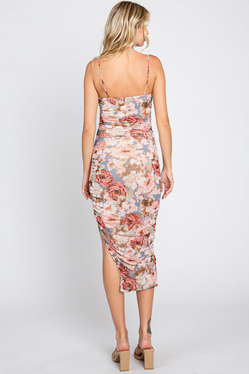 Multicolor Floral Mesh Ruched Midi Dress – PinkBlush