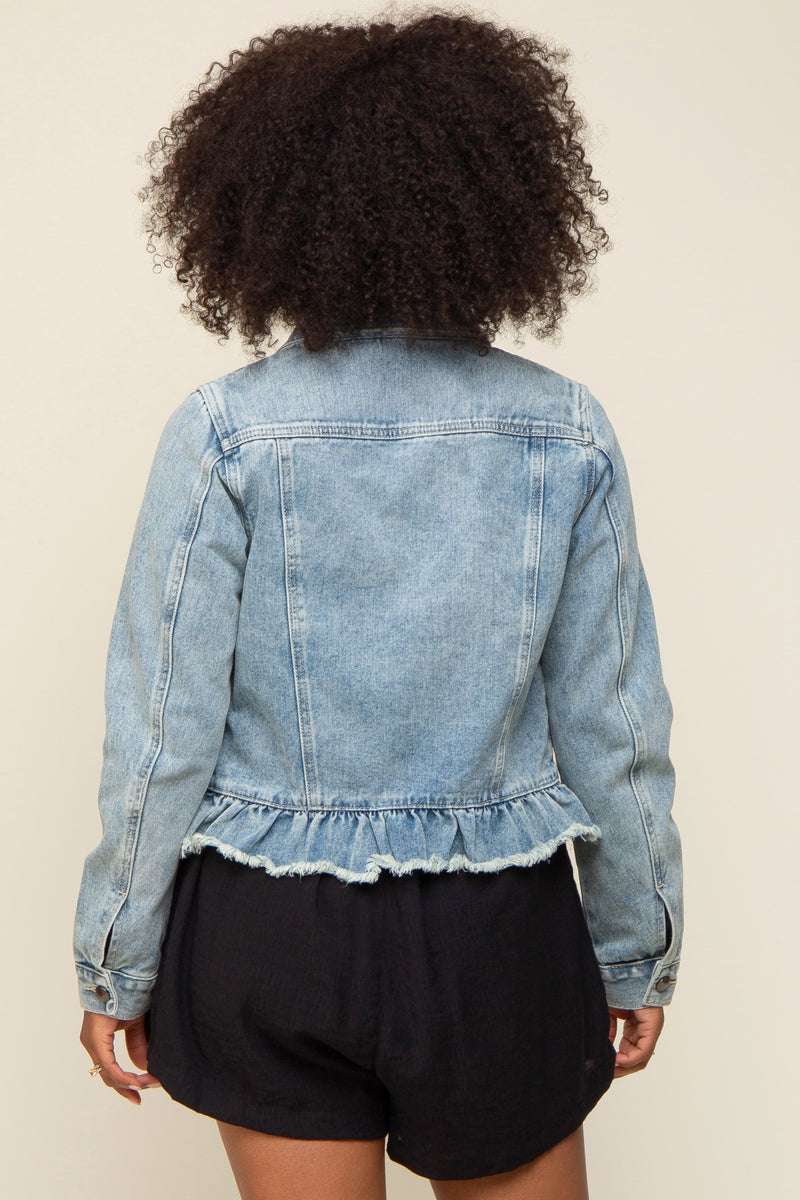 Light Blue Denim Ruffle Trim Jacket – PinkBlush