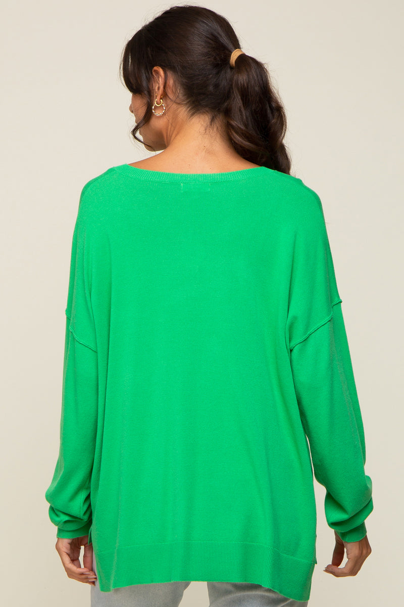 Green Knit V-Neck Long Sleeve Top – PinkBlush