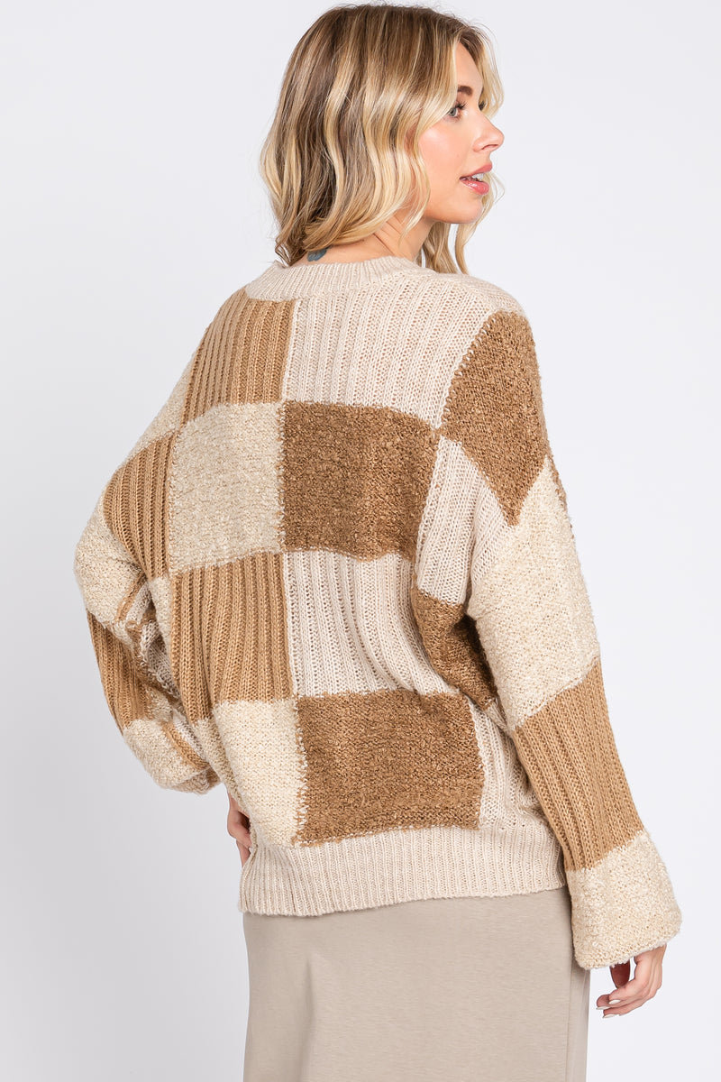 Mocha Multi-Textured Checkered Sweater – PinkBlush