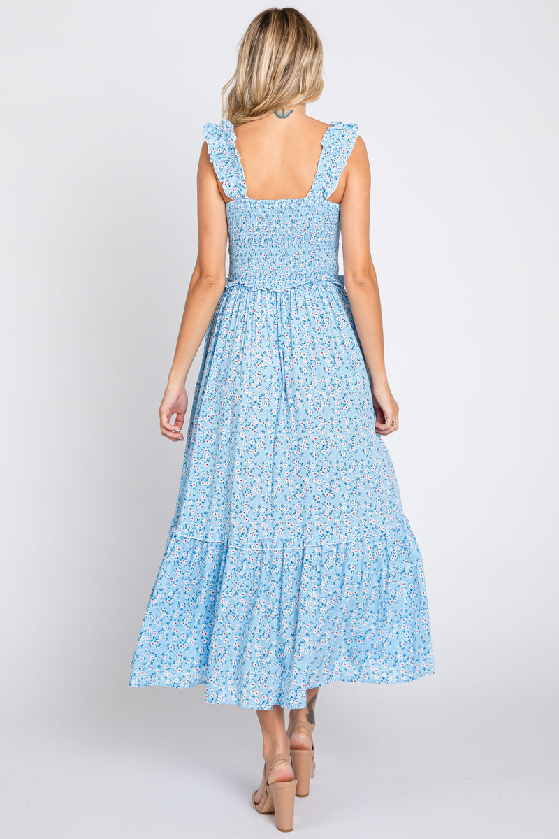 Light Blue Floral Sleeveless Smocked Ruffle Midi Dress – PinkBlush