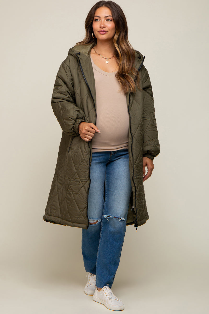 Olive Quilted Long Maternity Puffer Jacket – PinkBlush