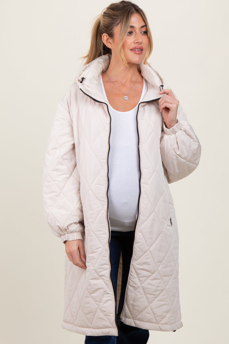 Beige Quilted Long Maternity Puffer Jacket – PinkBlush